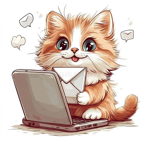 Cute Cat Typing On Laptop Reading Important Email With Excitement Stock Illustration