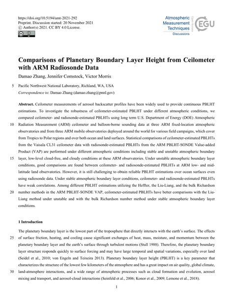 Pdf Comparisons Of Planetary Boundary Layer Height From Ceilometer With Arm Radiosonde Data