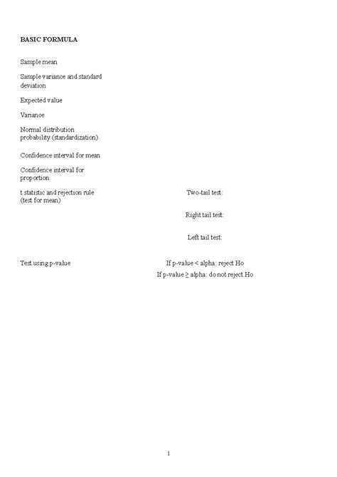 Basic Formula Basic Formula Sample Mean Sample Variance And Standard Deviation Expected Value