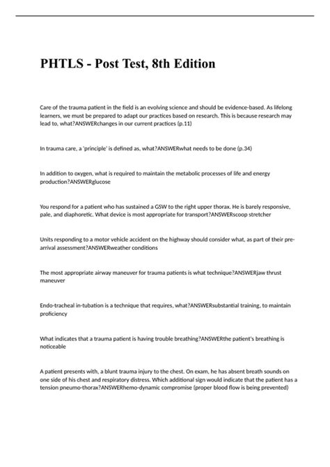 Phtls Post Test 8th Edition Questions And Answers 2024 Phtls Post Test 8th Edition