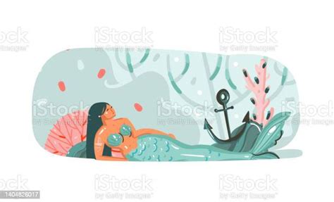 손으로 그린 된 벡터 추상 만화 여름 시간 그래픽 수 중 일러스트 아트 템플릿 배경 바다 바닥 아름다움 인 어 소녀와 복사 공간