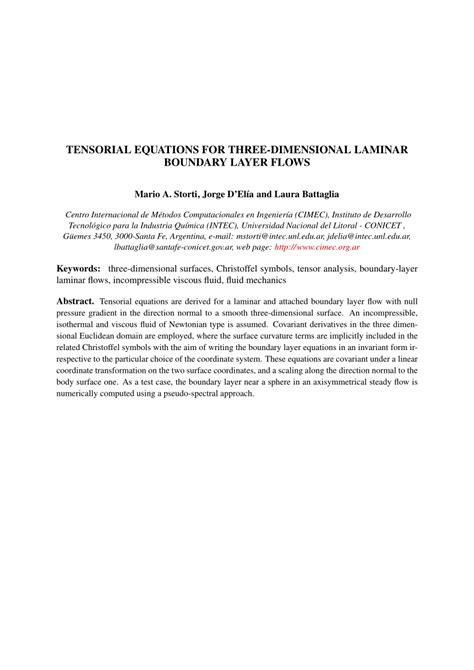Pdf Tensorial Equations For Three Dimensional Laminar Boundary Layer Flows