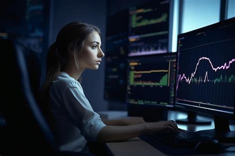Premium AI Image Trader Forex Trading Girl Woman Works In A Dark Room With A Graph On The Screen