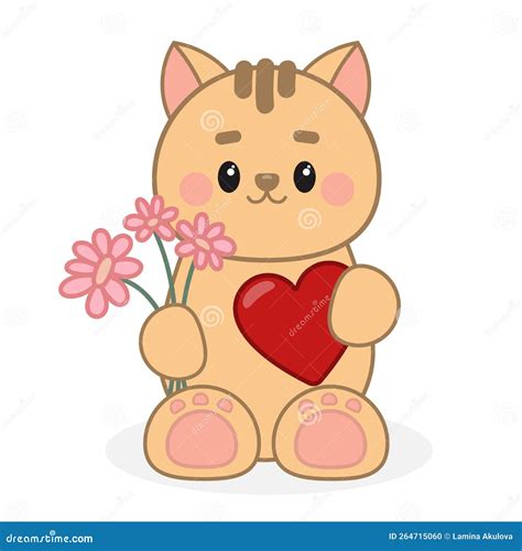 Cute Cartoon Cat With A Heart And Flowers In Hands Stock Vector