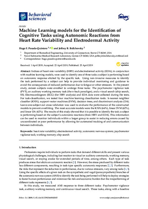 Pdf Machine Learning Models For The Identification Of Cognitive Tasks Using Autonomic