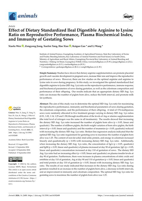 Pdf Effect Of Dietary Standardized Ileal Digestible Arginine To Lysine Ratio On Reproductive