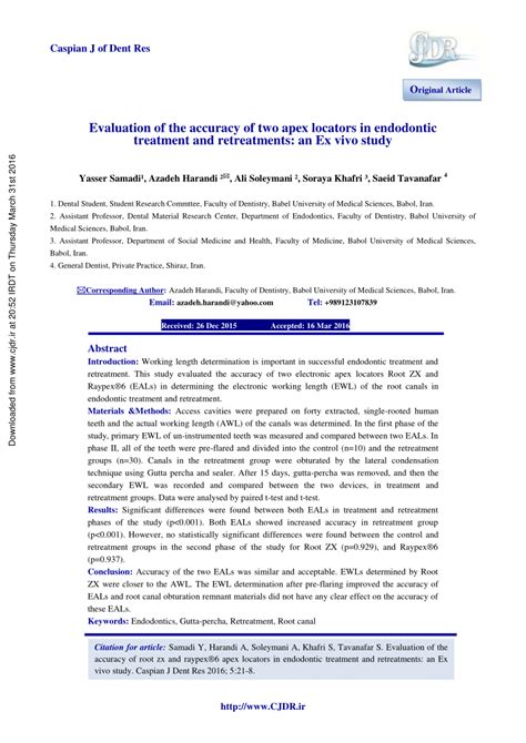 Pdf Evaluation Of The Accuracy Of Two Apex Locators In Endodontic Treatment And Retreatments