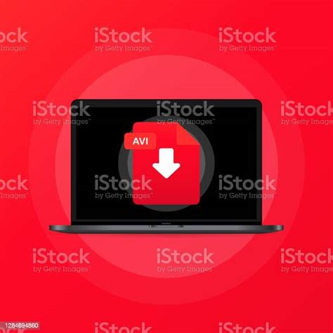 랩톱및 Avi 파일 아이콘을 다운로드합니다 문서 다운로드 개념입니다 Avi 레이블 및 아래쪽 화살표 기호입니다 격리된 배경의 벡터입니다 Eps 10 개념에 대한 스톡 벡터