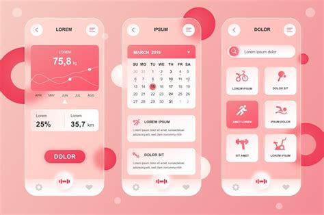 모바일 앱 Ui Ux Gui 화면 세트 용 피트니스 운동 글래스 모픽 디자인 뉴 모픽 요소 키트 프리미엄 벡터