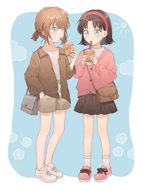 Safebooru 2girls Bag Bangs Blue Background Blue Eyes Brown Hair Brown