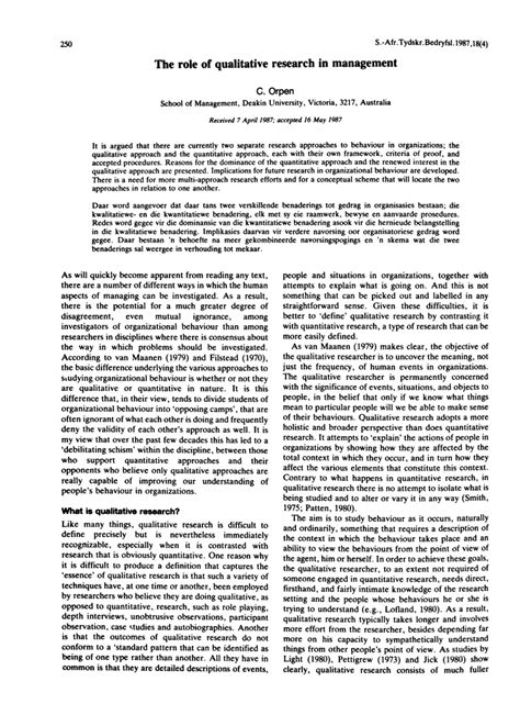 Pdf The Role Of Qualitative Research In Management