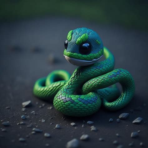 Premium Ai Image A Green Snake With A Blue Face And A Green Body Sits On A Stone Surface