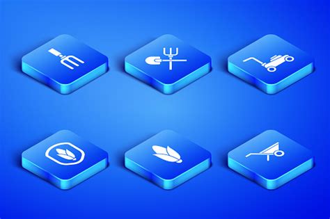 세트 수레 정원 갈퀴 옥수수 방패 옥수수 삽 및 잔디 깎는 기계 아이콘 벡터 3차원 형태에 대한 스톡 벡터 아트 및 기타 이미지 3차원 형태 갈퀴 건강한 생활방식