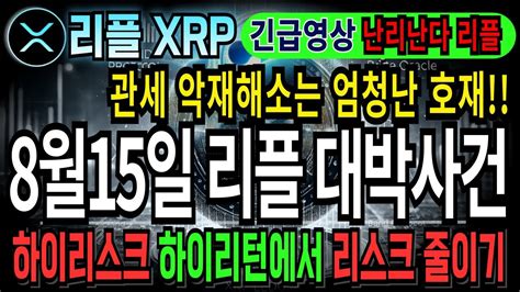 리플 진짜 난리났습니다 8월 15일 리플대박사건 큰것들 옵니다 관세 악제해소는 엄청난 호재 하이리스크 하이리턴에서 리스크 줄이는 방법은 리플코인 전망 Xrp