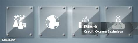 공장에서 용암 빙산 지구 지구 및 연기로 화산 폭발을 설정하십시오 정사각형 유리 패널 벡터 건축하기에 대한 스톡 벡터 아트 및 기타 이미지 Istock