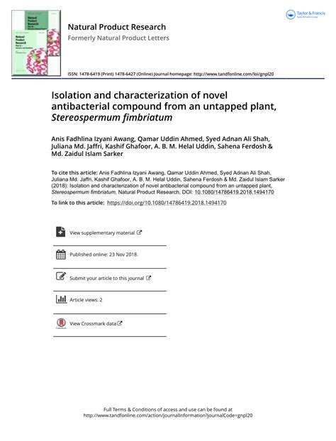 Pdf Isolation And Characterization Of Novel Antibacterial Compound