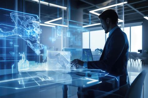Premium Ai Image Person Working On Holographic Computer With View Of Futuristic Office In The