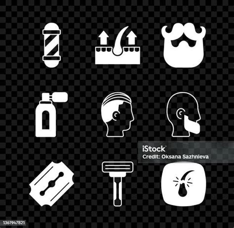 세트 클래식 이발소 가게 극 인간의 머리 여포 콧수염과 수염 블레이드 면도기 면도 깨진 원자제와 남성 아이콘헤어 스타일 애프터 쉐이드 벡터 개성 개념에 대한 스톡 벡터 아트