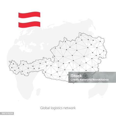 글로벌 물류 네트워크 개념입니다 통신 네트워크 지도 오스트리아 세계 배경입니다 다각형 스타일과 플래그 노드와 오스트리아의 지도 벡터 그림 Eps10입니다 개념에 대한 스톡