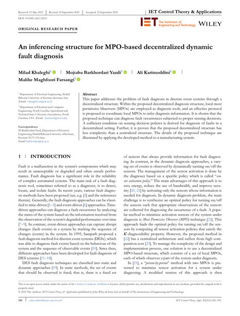 Pdf An Inferencing Structure For Mpo‐based Decentralized Dynamic Fault Diagnosis