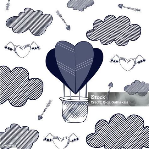 발렌타인 데이 진한 파란색의 벡터로 그려진 휴일에 대 한 그림입니다 하트 구름 날개가 달린 하트 큐피드의 화살 모양의 풍선 직물 및 종이 엽서에 인쇄하기 위해 0명에 대한