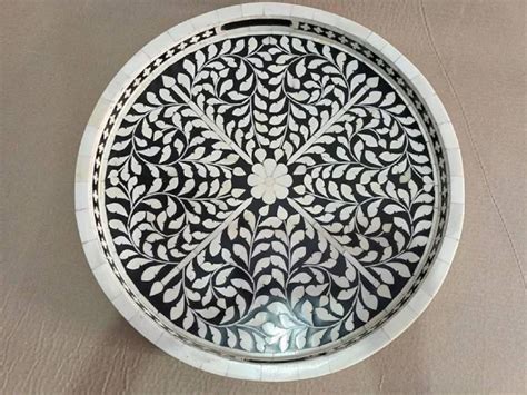 M H Q Handicrafts Black And White Bone Inlay Work On Wooden Tray Round