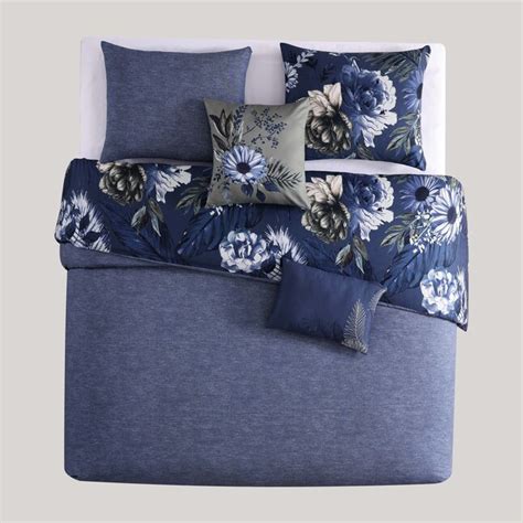 Bebejan Delphine 5 Piece Comforter Set Navy Floral Reversible Queen Comforter Cotton With Fill