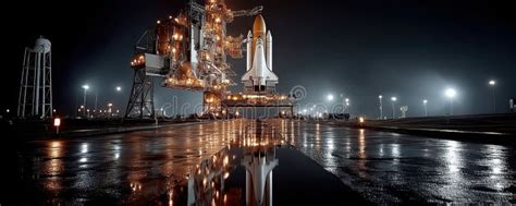 Space Shuttle On Launch Pad Illuminated At Night With Reflections On