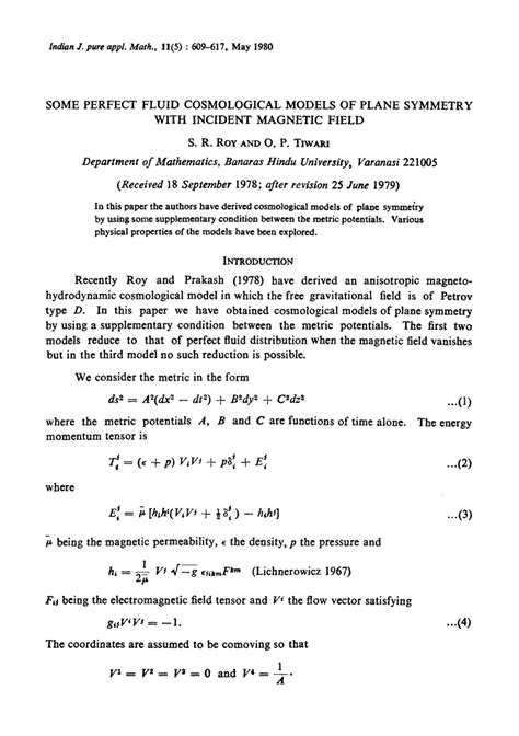 Pdf Some Perfect Fluid Cosmological Models Of Plane Symmetry With Incident Magnetic Field