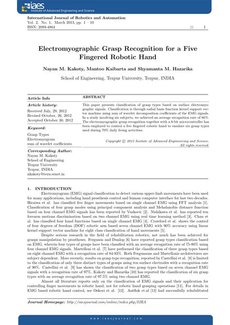 Pdf Electromyographic Grasp Recognition For A Five Fingered Robotic Hand
