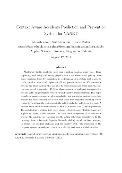Pdf Context Aware Accidents Prediction And Prevention System For Vanet