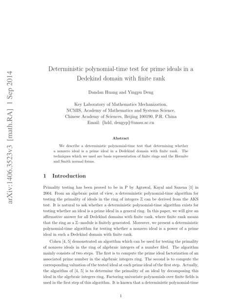 pdf deterministic polynomial time test for prime ideals in a dedekind