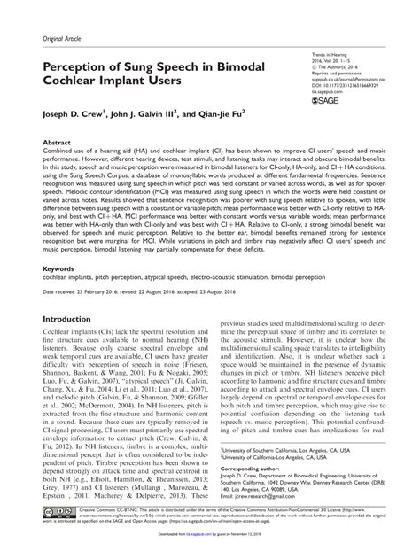 Pdf Perception Of Sung Speech In Bimodal Cochlear Implant Users