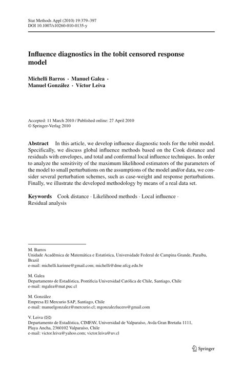 Pdf Influence Diagnostics In The Tobit Censored Response Model