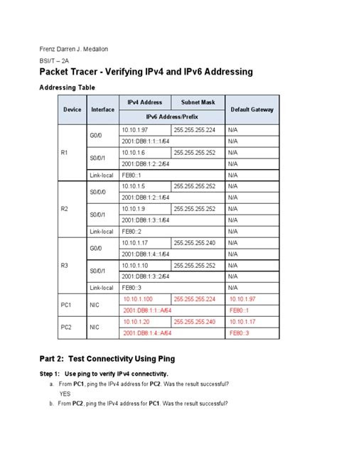 Packet Tracer Verifying Ipv4 And Ipv6 Addressing Pdf I Pv6 Communications Protocols