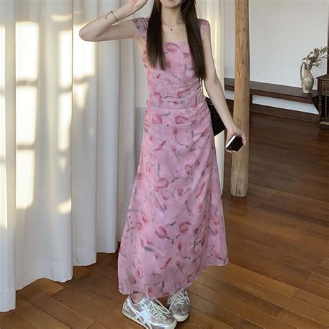 올리브트리 플라워 쉬폰 스퀘어넥 민소매 셔링 롱원피스 2j111089