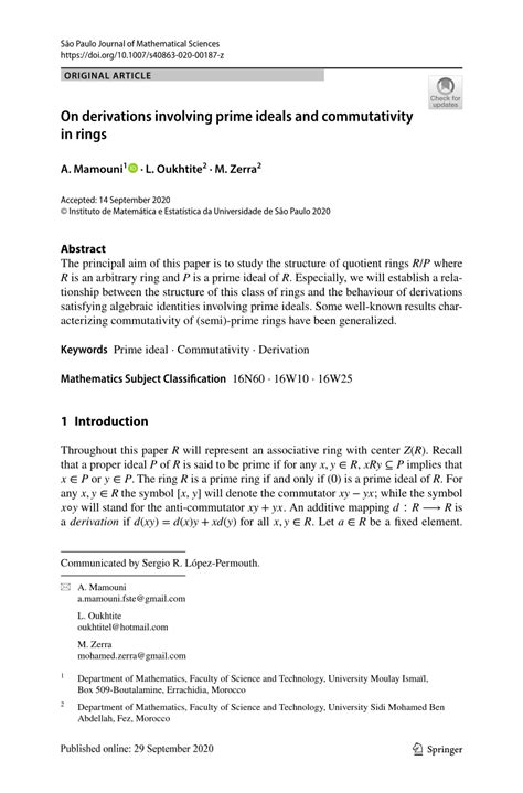 Pdf On Derivations Involving Prime Ideals And Commutativity In Rings