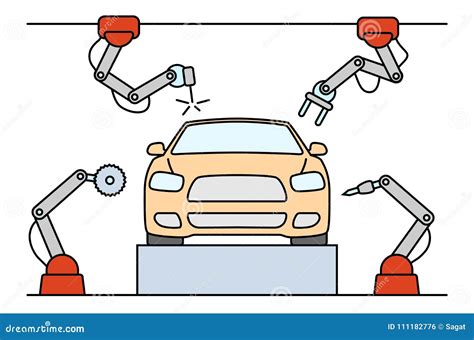 Thin Line Style Car Assembly Conveyor Line Stock Vector Illustration