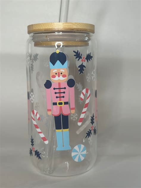 Nutcracker Christmas Libby Glass With Bamboo Lid And Straw 16oz Holida 3d Molded Creations