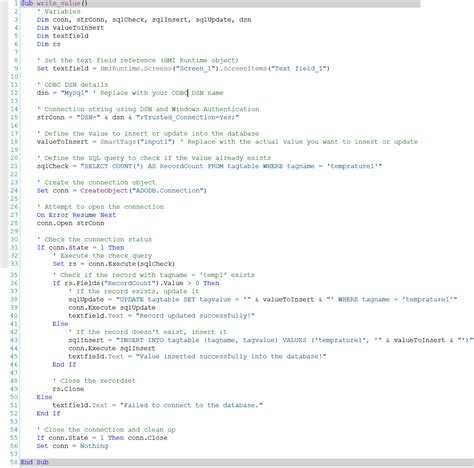 vbscript to write and update tag value in mssql database table in