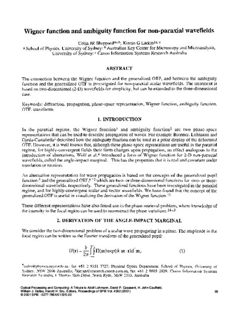 Pdf Wigner Function And Ambiguity Function For Nonparaxial Wavefields