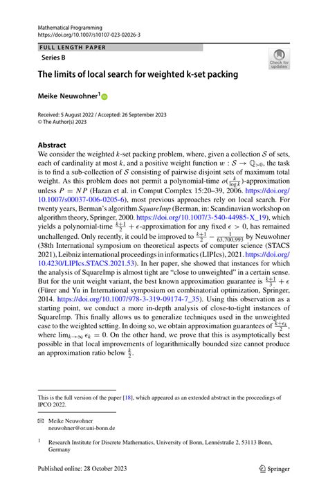 pdf the limits of local search for weighted k set packing