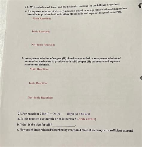 solved 20 write a balanced ionic and the net ionic
