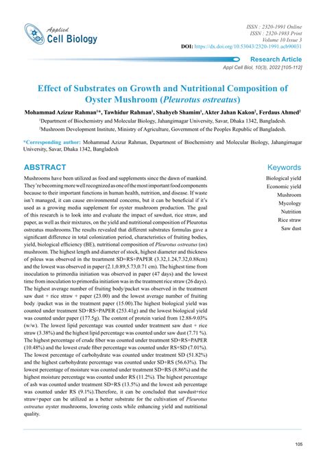 Pdf Effect Of Substrates On Growth And Nutritional Composition Of Oyster Mushroom Pleurotus
