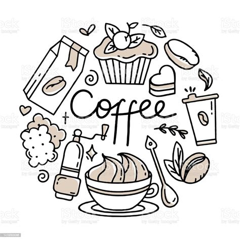 커피 숍을위한 요소 집합포스터 배너 엽서 및 포장 디자인에 사용하기 위해 손으로 그린 스타일의 벡터 일러스트 레이 션 가방에