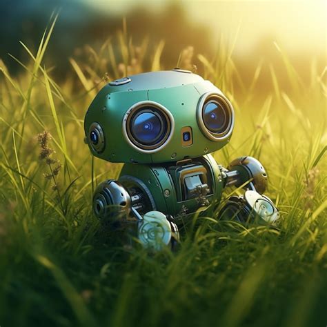 Premium Ai Image There Is A Small Robot Sitting In The Grass With A Bright Light Generative Ai