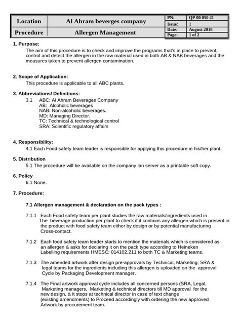 Allergen Managment Procedure Qp 00 050 41 Pdf