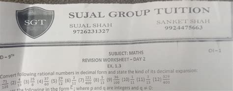 Convert Each Of The Following Rational Numbers Into Decimal Form And Stat