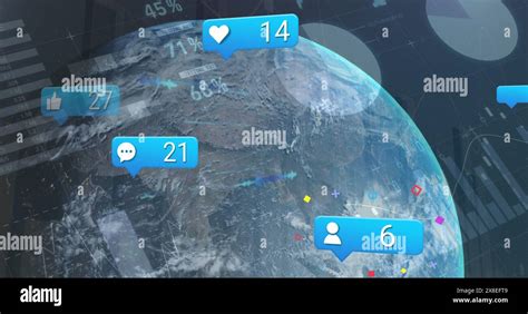 image of social media icons and statistical data processing over a