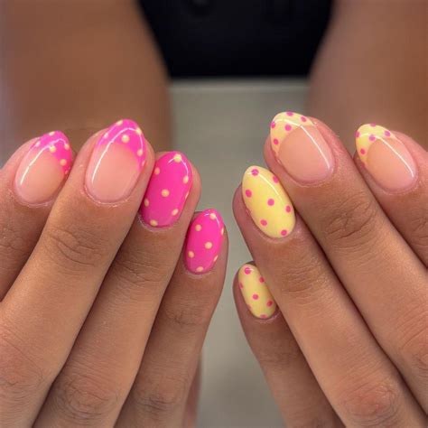 Pink And Yellow French Tips With Polka Dots Depop